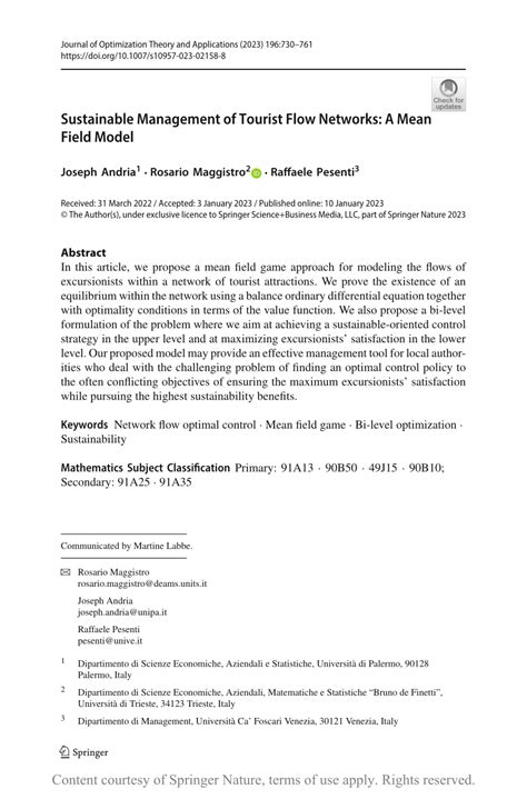 Sustainable Management Of Tourist Flow Networks A Mean Field Model