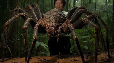 여자는 숲 한가운데에 큰 거대한 거미를 보유 세계에서 가장 큰 거미 사진 배경 일러스트 및 사진 무료 다운로드 Pngtree