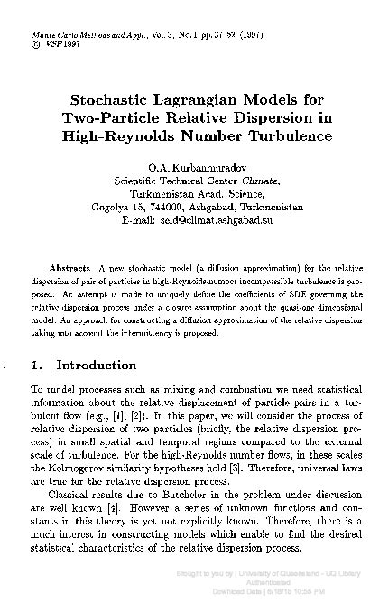 Pdf Stochastic Lagrangian Models For Two Particle Relative Dispersion