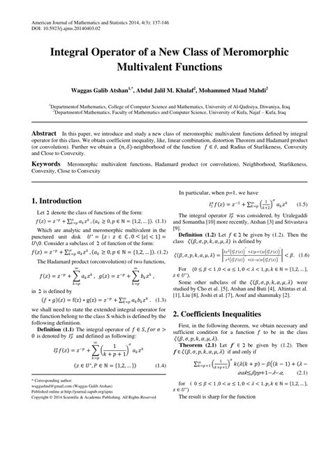 Pdf Integral Operator Of A New Class Of Meromorphic Multivalent Functions