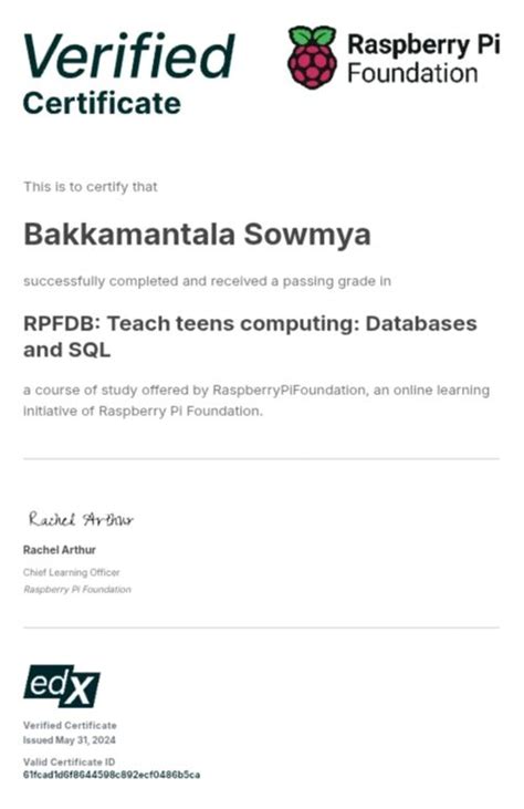 Excited To Share🎉 I Have Certified In Databases And Sql By Raspberry Pi