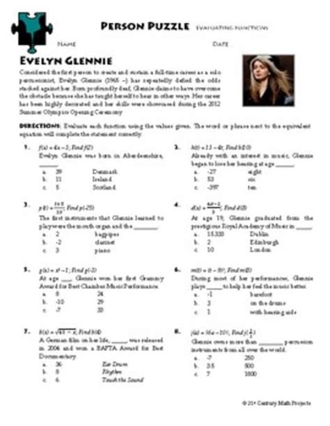 Evaluating Functions Printable And Digital Activity Evelyn Glennie Puzzle