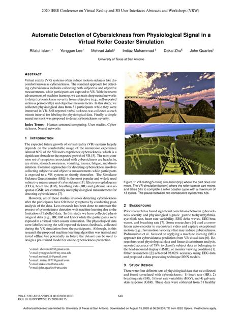 Pdf Automatic Detection Of Cybersickness From Physiological Signal In A Virtual Roller Coaster
