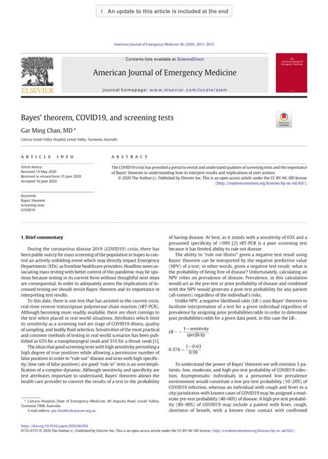 Pdf Bayes Theorem Covid19 And Screening Tests