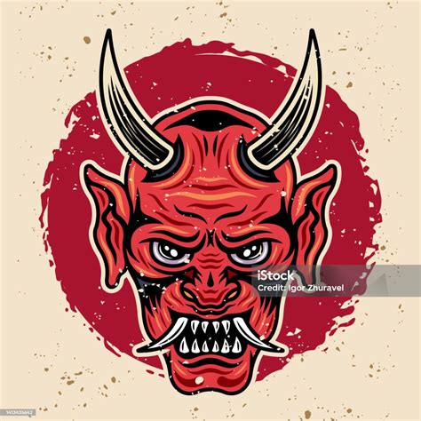 오니 일본 문화 뿔 레드 마스크 빈티지 벡터 컬러 일러스트 레이 션을 복고풍 스타일로 그런지 질감으로 Kabuki에 대한 스톡