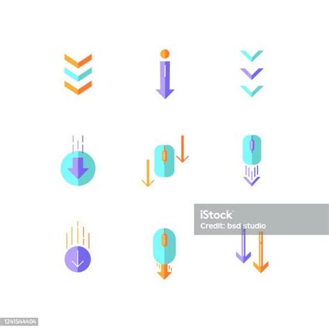 scrolling down arrows flat design cartoon rgb color icons set computer