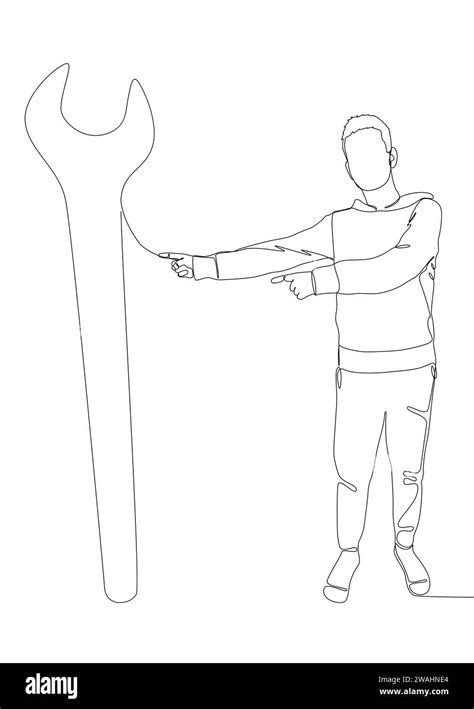 One Continuous Line Of Man Pointing With Finger At Wrench Thin Line Illustration Vector Concept