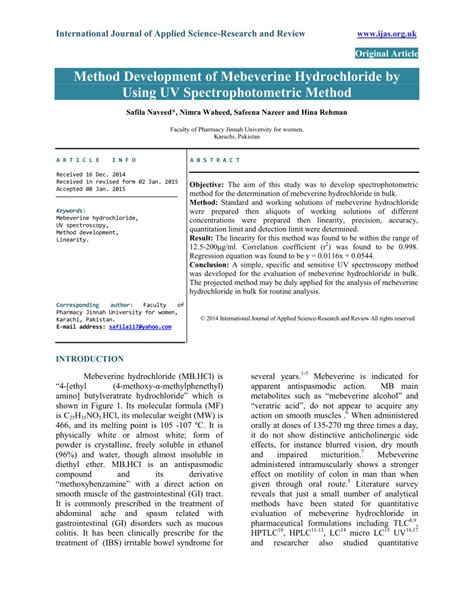 Pdf Method Development Of Mebeverine Hydrochloride By Using Uv Spectrophotometric Method