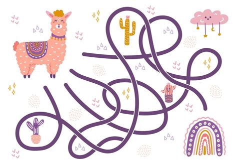 미궁은 라마가 무지개로 가는 올바른 길을 찾도록 도와줍니다 아이들을 위한 논리적 탐구 프리미엄 벡터