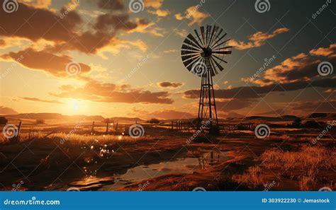 Sunset Over Windmill Nature Power Generation In Motion Generated By Ai