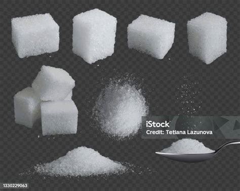 사실적인 설탕 큐브와 분말에 3d 포도당 숟가락에 흰 곡물 설탕 더미 상단 및 측면 보기 달콤한 과당 양념 벡터 세트 설탕에 대한 스톡 벡터 아트 및 기타 이미지 Istock