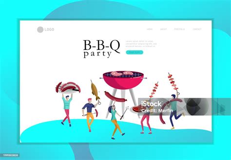 방문 페이지 템플릿 사람들이 바베큐를 준비합니다 바베큐 파티 고기를 굽는 사람들 개념적 현대와 유행 다채로운 벡터 일러스트 Html에 대한 스톡 벡터 아트 및 기타 이미지