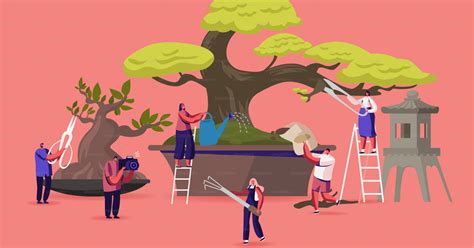 분재 성장 개념입니다 작은 남성과 여성 캐릭터가 취미로 분재 나무를 돌보고 가지치기하고 다듬는 것을 즐깁니다 식물 정원