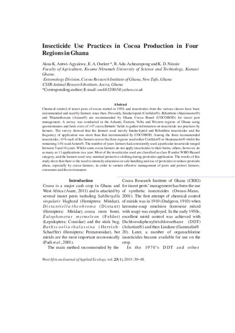 Pdf Insecticide Use Practices In Cocoa Production In Four Regions In