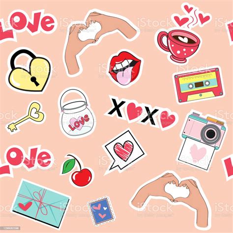 발렌타인 데이 세트 다른 벡터 요소와 트렌드 팝 아트 스타일 패션 패치 배지 스티커 원활한 패턴 2월에 대한 스톡 벡터 아트 및 기타 이미지 Istock