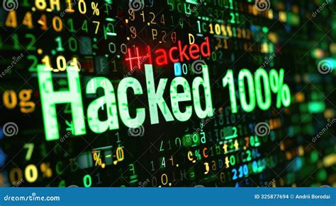 network breach red hacked text on binary background stock