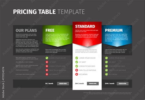 product service pricing comparison table stock vector adobe stock