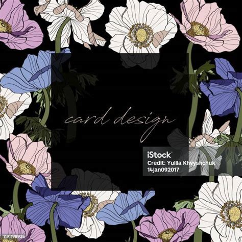 손으로 그린 여름 빈티지 꽃다발 소박한 말미잘 컬러 라인 아트 손으로 그린 꽃은 고립 검은 색 배경입니다 위대한 카드 템플릿 0명에 대한 스톡 벡터 아트 및 기타 이미지