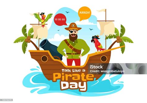 국제 토크 해적의 날 벡터 일러스트레이션과 함께 귀여운 해적 만화 캐릭터가 웹 배너 또는 랜딩 페이지 템플릿을 위해 그려진 손 벡터에 대한 스톡 벡터 아트 및 기타 이미지