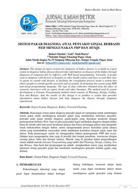 Pdf Sistem Pakar Diagnosa Awal Penyakit Ginjal Berbasis Web Menggunakan Php Dan Mysql