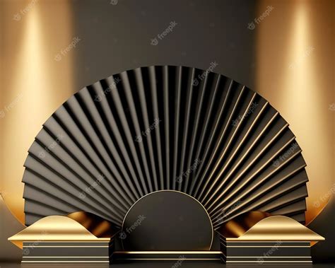 제품 프리젠테이션을 위한 빈 연단 최소 쇼케이스가 있는 3d 렌더링 추상 아르데코 검정색 배경 프리미엄 사진