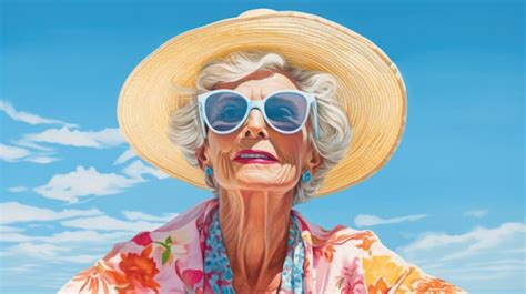 Premium Photo Comical Happy Old Woman Geared Up For A Seaside Summer