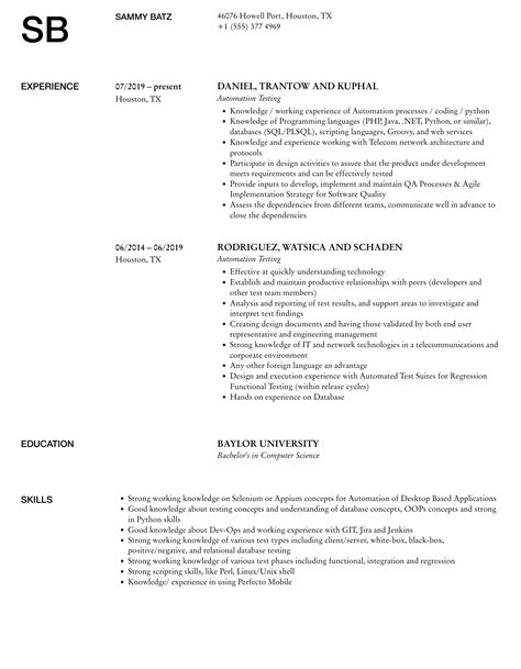 Automation Testing Resume Samples Velvet Jobs