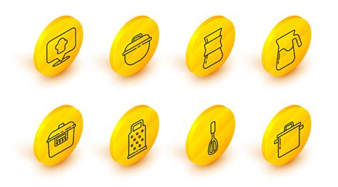 라인 요리 냄비 주방 거품기 강판 슬로우 쿠커 물이 담긴 주전자 유리 커피 터크 및 요리사 모자 위치 아이콘을 설정합니다 벡터 3차원 형태에 대한 스톡 벡터 아트 및 기타