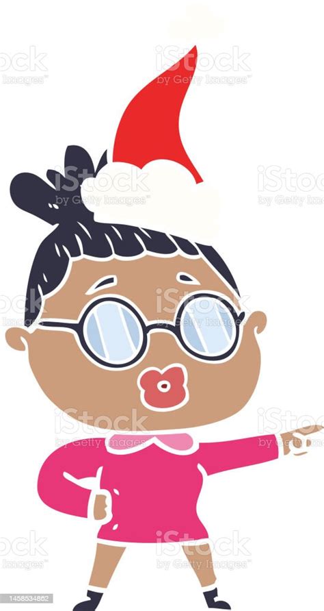 산타 모자를 쓰고 안경을 쓴 포인팅 여성의 손으로 그린 평면 컬러 그림 가리키기에 대한 스톡 벡터 아트 및 기타 이미지 가리키기 낙서 드로잉 등장인물 Istock