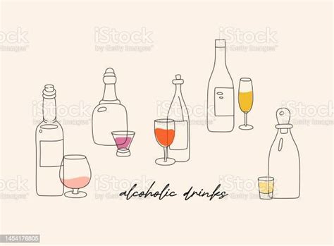 다양한 병과 알코올 음료 잔 와인 샴페인 위스키 주류 보드카 손으로 그린 벡터 그림입니다 모든 요소가 격리됩니다 위스키에 대한 스톡 벡터 아트 및 기타 이미지 Istock