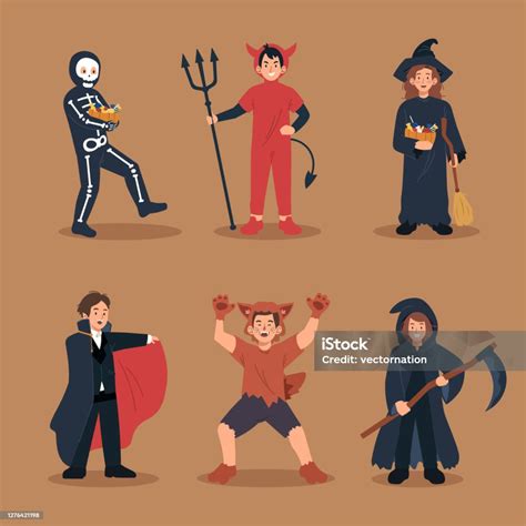 할로윈 의상을 입은 아이들 해골 악마 마녀 드라큘라 늑대 인간 냉혹한 사신 캐릭터 일러스트 사탕주면 안 잡아먹지에 대한 스톡