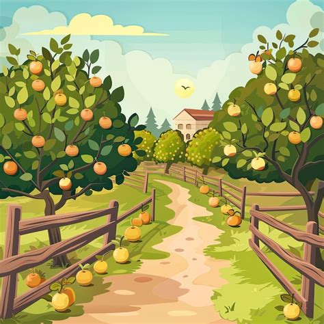 Orchard Path Leading To A Farmhouse Premium Ai Generated Image