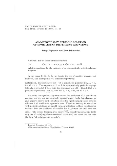 Pdf Asymptotically Periodic Solution Of Some Linear Difference Equations