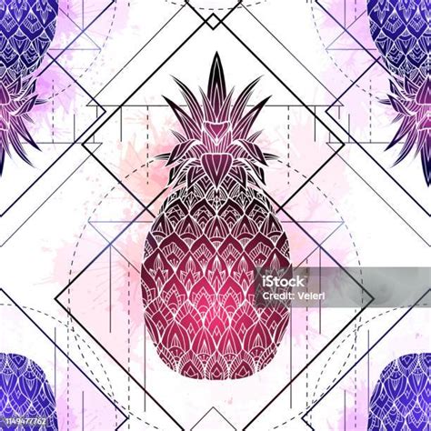 컨투어 드로잉과 핑크 수채화 밝아진 파인애플의 신비로운 그림으로 완벽 한 패턴입니다 마법의 삼각형 그림 질감입니다 벡터 배경