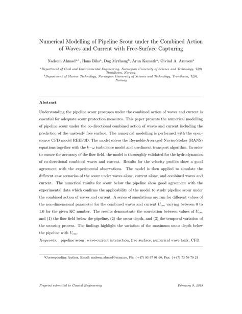 Pdf Numerical Modelling Of Pipeline Scour Under The Combined Action