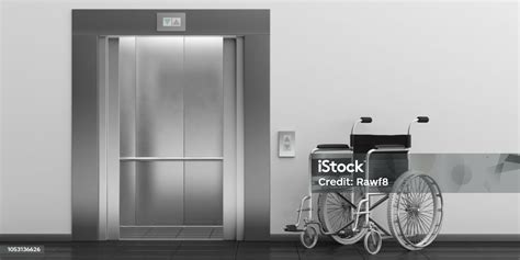휠체어 빈 고 문을 함께 엘리베이터입니다 3 차원 일러스트 레이 션 엘리베이터에 대한 스톡 사진 및 기타 이미지 엘리베이터 병원 충돌 사고 Istock