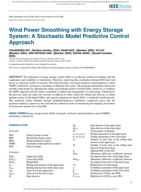 Pdf Wind Power Smoothing With Energy Storage System A Stochastic Model Predictive Control