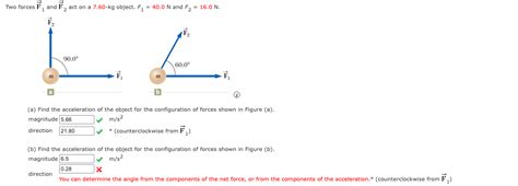 Solved Two Forces F1 And F2 Act On A 7 60 Kg Object F1 40 0