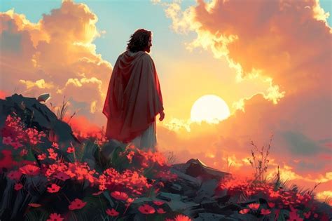 Premium Photo Jesus Christ Overlooking A Blossoming Field At Sunset