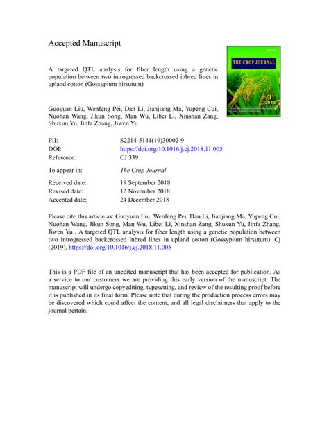 Pdf A Targeted Qtl Analysis For Fiber Length Using A Genetic