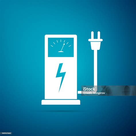 전기 자동차 충전 스테이션 아이콘 파란색 배경에 고립 평면 디자인입니다 벡터 일러스트 레이 션 개념에 대한 스톡 벡터 아트 및