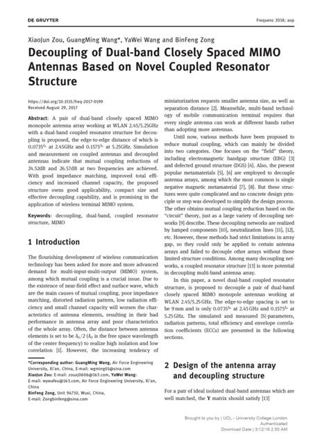 Decoupling Of Dual Band Closely Spaced Mimo Antennas Based On Novel Coupled Resonator Structure
