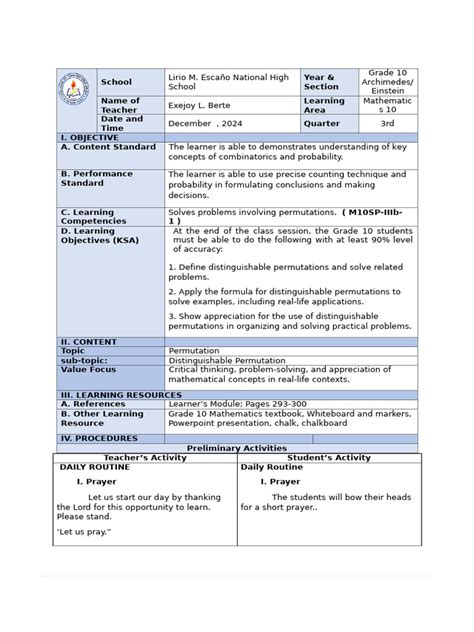 Lesson Plan 2 Distinguishable Permutation Pdf Permutation Cognition