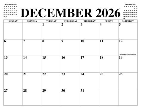 December 2026 Calendar Of The Month Free Printable December 2026