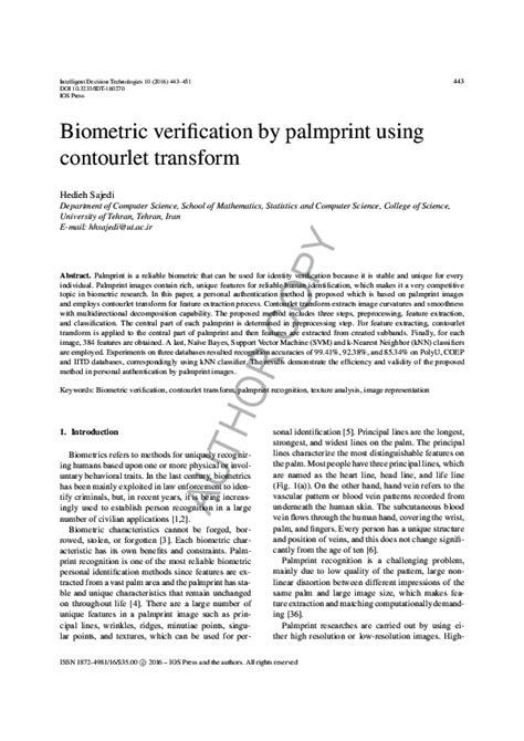 Pdf Biometric Verification By Palmprint Using Contourlet Transform