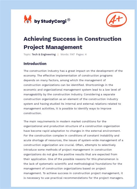 Achieving Success In Construction Project Management Free Essay Example