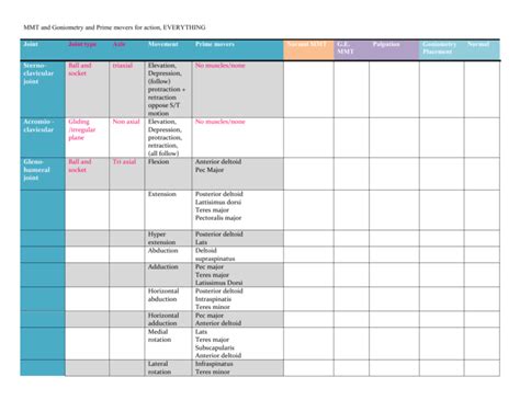 Mmt Goniometry And Prime Movers Joint Analysis Table