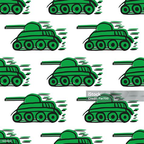 흰색 배경에 고립 된 녹색 만화 탱크 측면 보기입니다 귀여운 유치한 매끄러운 패턴 컬러 윤곽 실루엣 손으로 그린 벡터 그래픽 그림 텍스처 배경 주제에 대한 스톡 벡터 아트