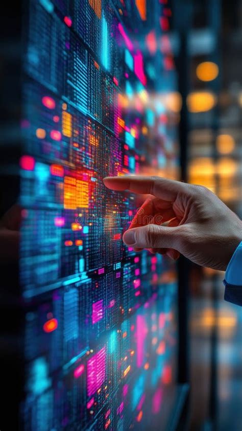hand interacting colorful data stream digital wall neon display stock illustration