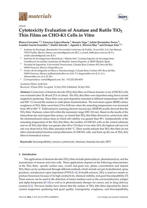 Pdf Cytotoxicity Evaluation Of Anatase And Rutile Tio2 Thin Films On Cho K1 Cells In Vitro